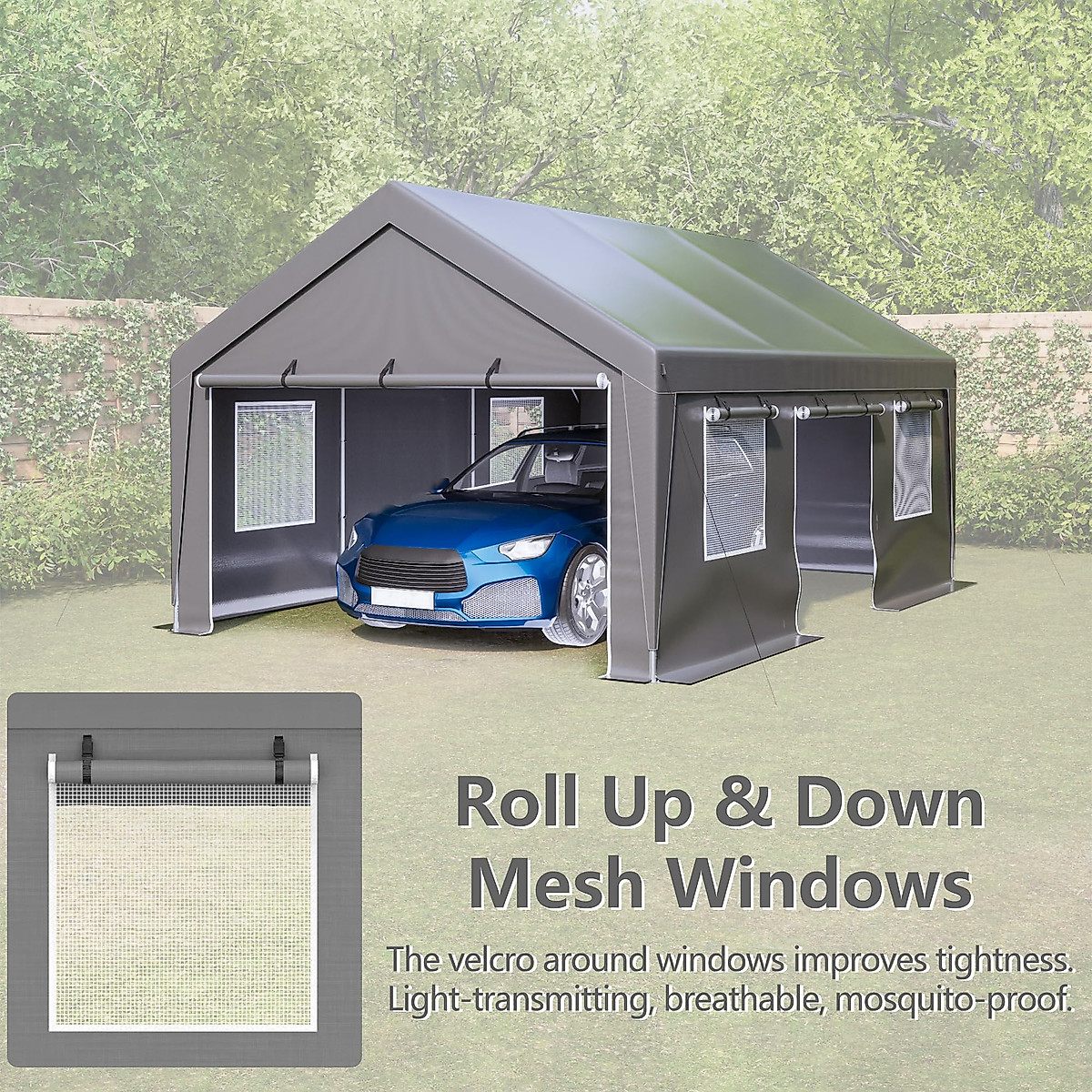 MACHOME Outdoor 13x20 FT Carport, Heavy Duty Canopy Storage Shed with Mesh Windows and Galvanized Steel Tube, All-Season Tarp, Wide Range of Appliaction for Car, Boat and Reunion, Gray