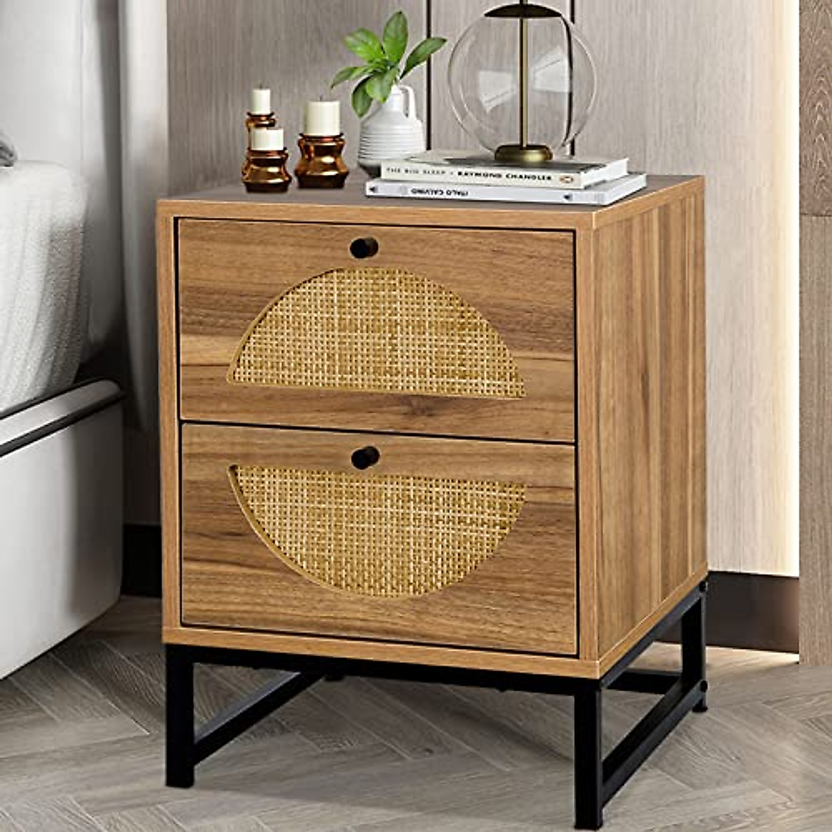 Recaceik Ratten NightStand, Natural End/Bedside Table Cabinet with 2 Ratten Drawers Storage and Metal Legs, Rustic Shelf Bedside End Side Accent Table for Living Room, Bed Room…