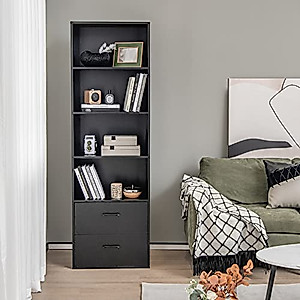 JIMUOO 74’’ Tall Bookshelf with Drawers, 4 Shelf Bookcase with Storage Cabinet, 4 Tier Wooden Book Display Shelf Storage Organizer for Bedroom Office Home Living Room