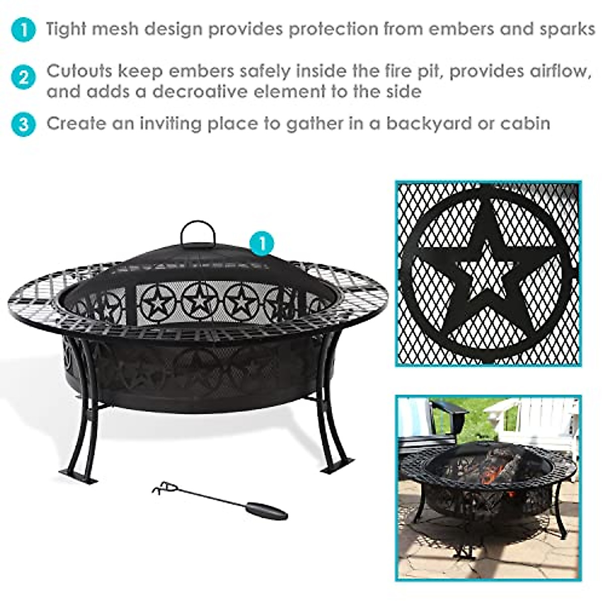 Sunnydaze 40-Inch Round Steel Fire Pit Table with Durable Spark Screen and Poker - Portable Design - Black - Four Star