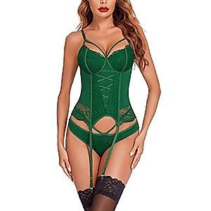 Avidlove Xmas Santa Women Lingerie Set Christmas Lace Teddy Bodysuit with Garter Belt Mini Babydoll Chemise No Stockings Green