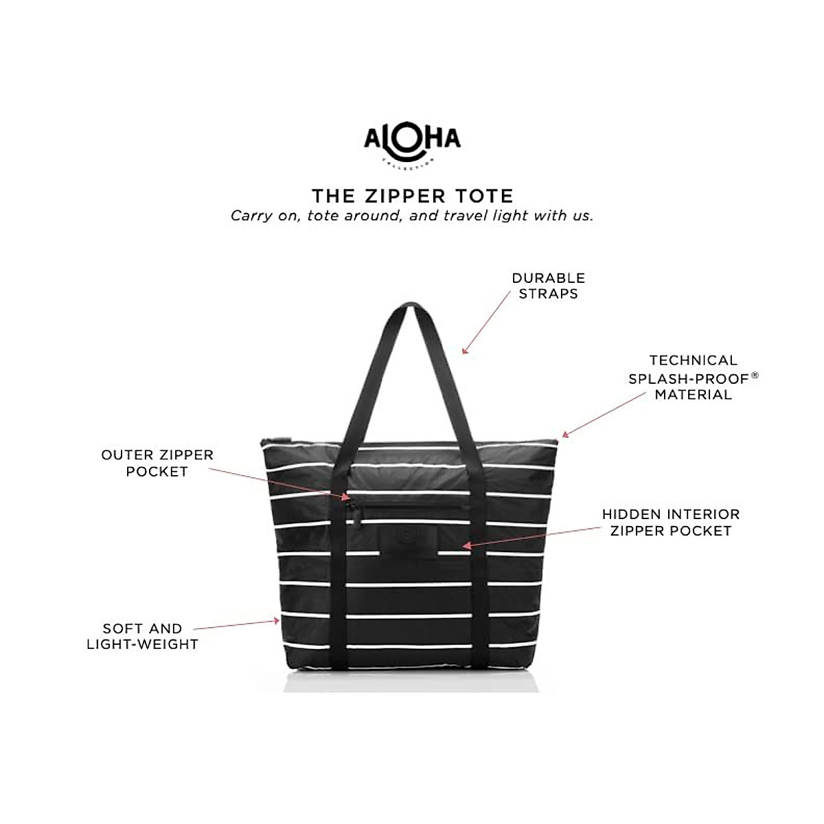 ALOHA Collection Pinstripe Zipper Tote in White on Black
