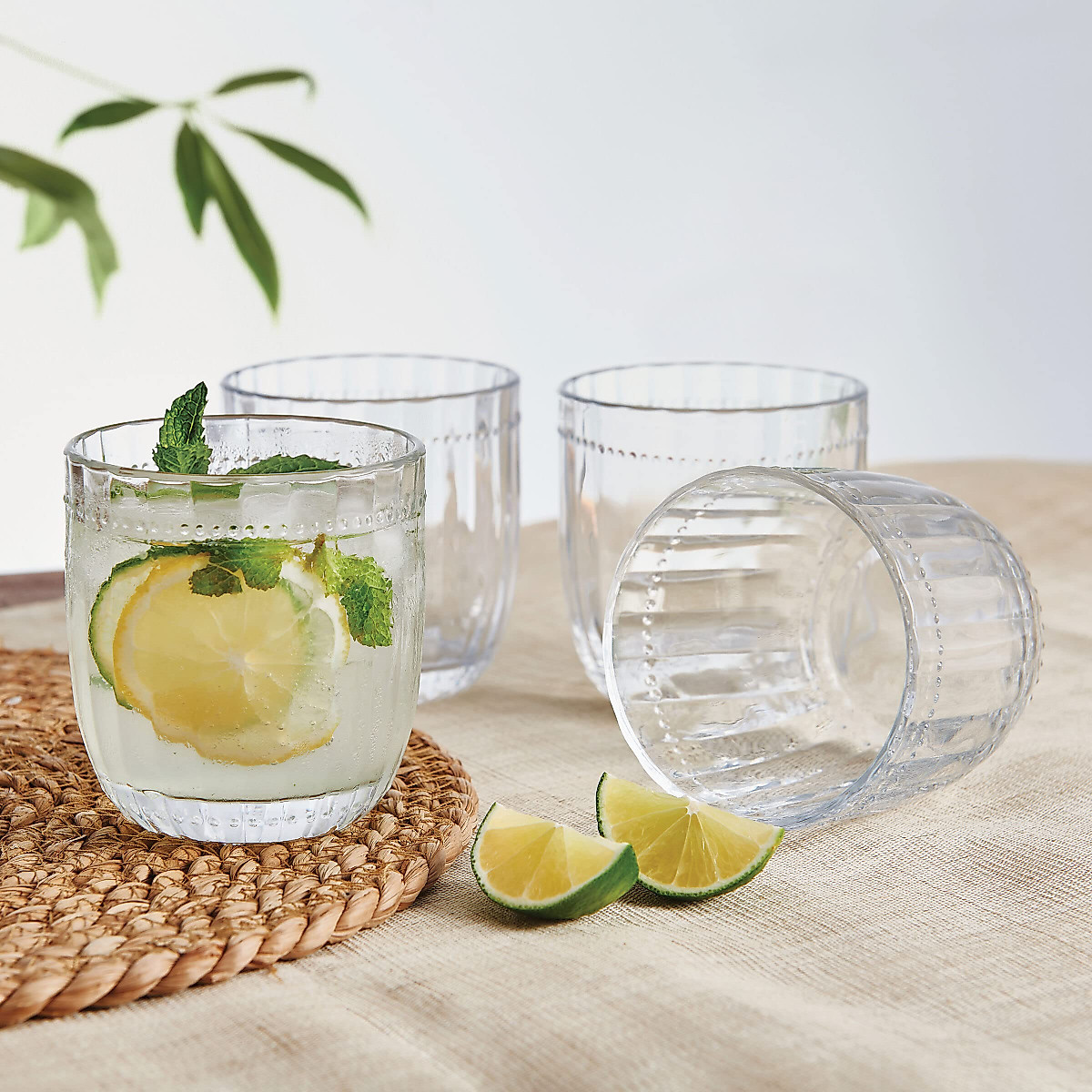 Everyday White by Fitz and Floyd Beaded Double Old Fashioned Beverage Rocks Glass, Set of 4, Clear