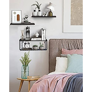 Szkiuqe 2-in-1 Floating Shelves, Bathroom Shelves with Storage Basket, Wall Mounted Rustic Wood Shelves, Farmhouse Wall Decor for Bedroom, Kitchen, Living Room and Plants - Black