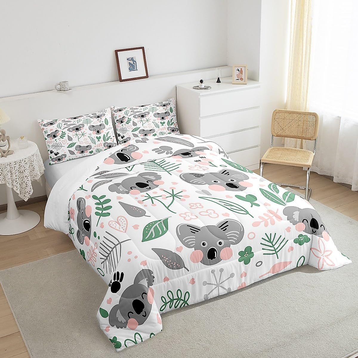 Feelyou Koala Comforter Set Queen Size, Cartoon Koala Comforter Set Cute Koala Comforter for Kids Toddler Botanical Plant Duvet Set Lightweight Quilt Set