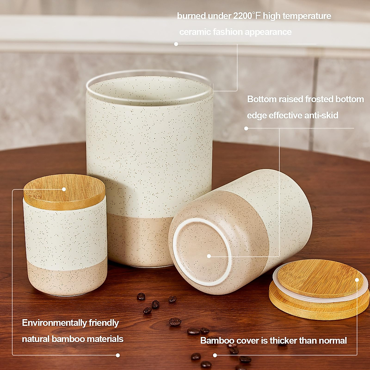 Yangbaga Canisters Sets for Kitchen Countertop-Set of 4 Ceramic Kitchen Canisters Food Storage Jar with Airtight Bamboo Lids & Spoons & Label,Large Flour and Sugar Containers for Serving Ground Coffee