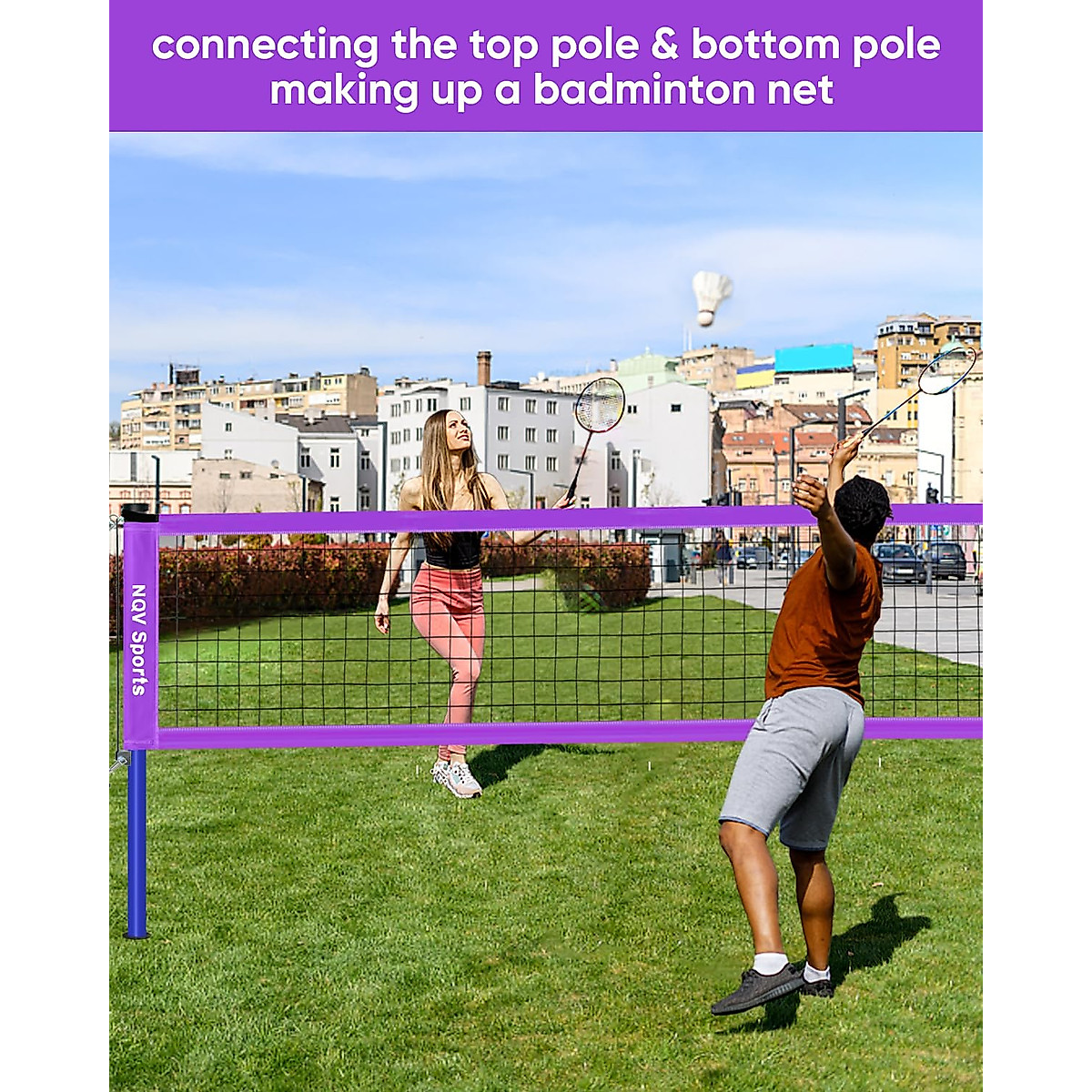 NQV Professional Portable Outdoor Purple Volleyball Net Set with Adjustable 3 Levels Height Steel Poles, Anti-sag System,Volleyball,Pump,Boundary Line and Carrying Bag for Backyard