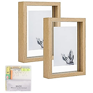 MUYE 5x7 Floating Frame Set of 2,Double Glass Rustic Photo Frame for Wall Hanging or Tabletop Standing,Also Display 4x6 or 3x5 Photo for Floating Effect,Natural
