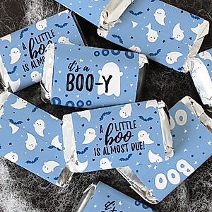 Blue A Little Boo is Almost Due Boy Baby Shower Wrappers for Mini Chocolate Bars, Halloween Baby Shower Party Favor Candy Stickers - 45 Count
