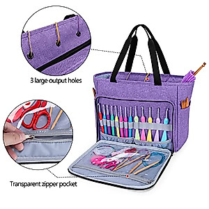 CURMIO Knitting Tote Bag, Yarn Storage Bag with Pockets for Crochet Hooks, Knitting Needles, Knitting Project and Accessories, Purple (Bag Only, Patented Design)