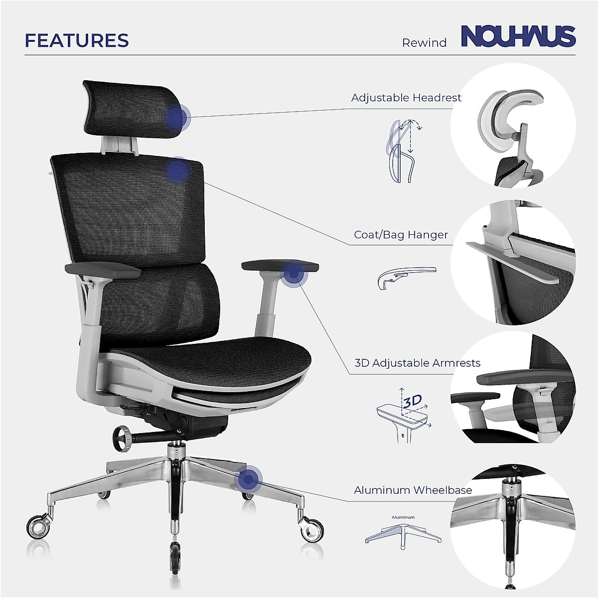 Nouhaus Rewind Ergonomic Office Chair with Footrest and Lumbar Support. Swivel Computer Chair, Rolling Home Office Desk Chairs with Wheels, Mesh High Back Task Chair, Comfortable Office Chair (Navy)
