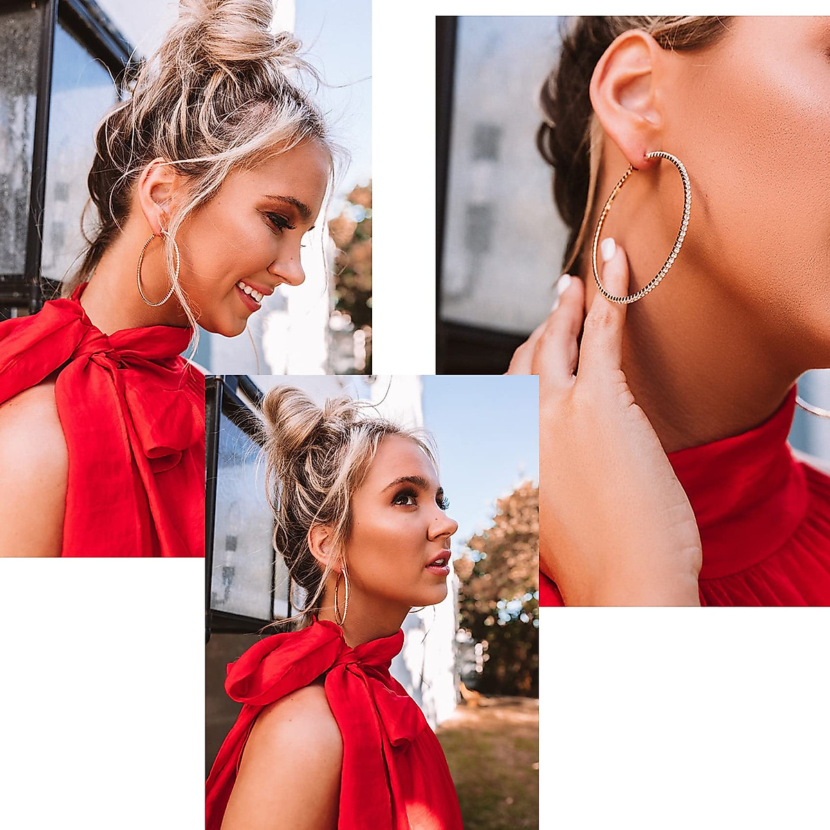 Gold Rhinestone Hoop Earrings Large Gold Hoop Earrings Cubic Zirconia Hoop Earrings Thin Rhinestones Round Hoop Earrings Women Big Gold Hoop Earrings Sparkly Hoop Earrings with Crystals for Womens