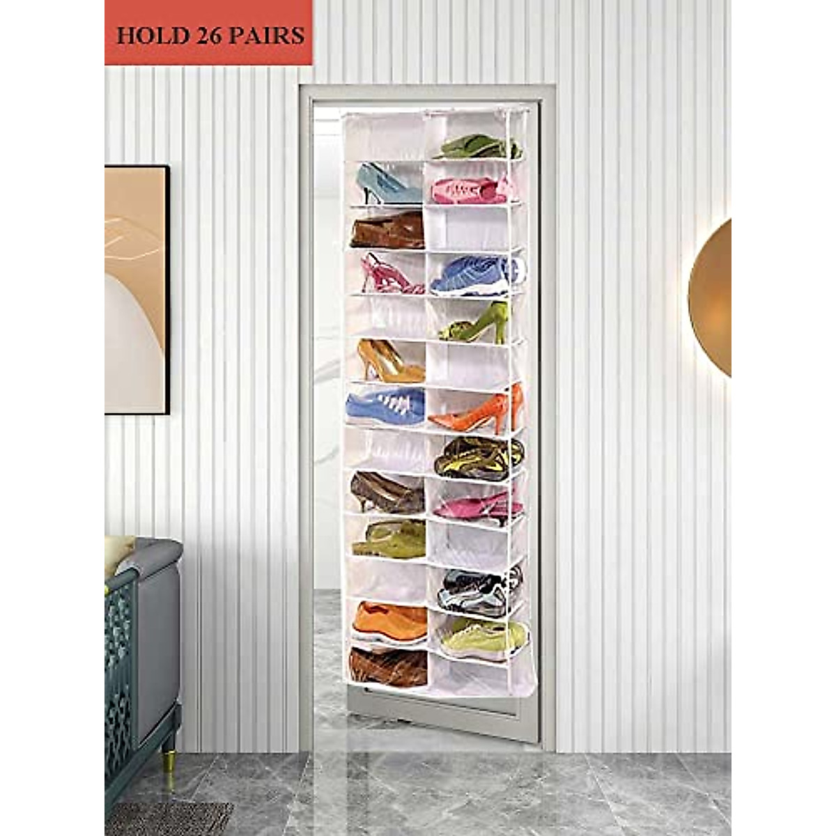 kamuavni Over the Door Shoe Shelves with 26 Clear PVC Pockets Hanging Shoe Rack for Door, Shoe Organizer for Closet, Shoe Holder Storage Organizer Hold 26 Pair Shoes (White)