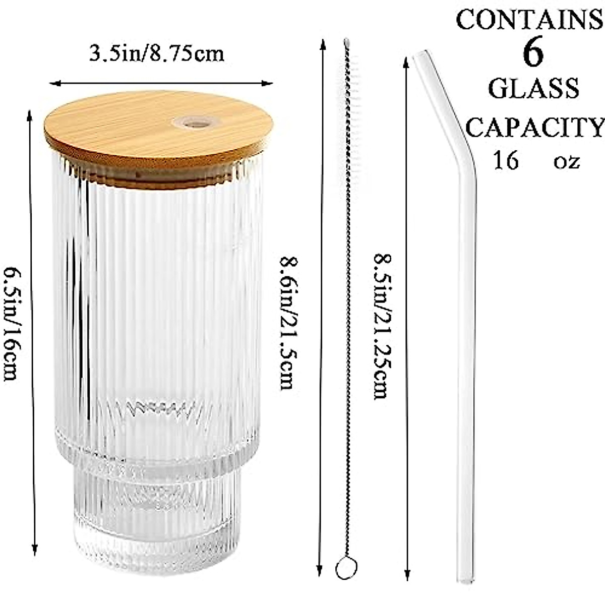 LMHEJING 6 Pcs 16oz Ribbed Glassware with Lid and Straw, Ribbed Glass Cups, Stackable Glasses, Vintage Water Glasses for Juice, Beer, Coffee, Tea and Cocktail (Clear (6Pcs 16oz)) (AB-1)