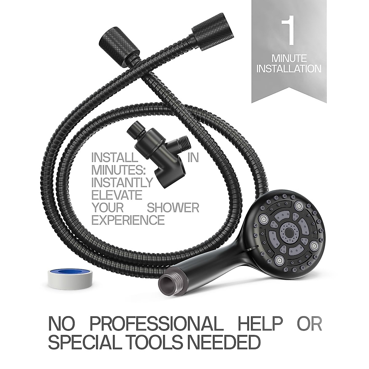 LOKBY 5″ High Pressure Handheld Shower Head 6-setting - High Flow Even with Low Water Pressure - Hand Held Showerhead Set with 59″ Stainless Steel Hose, Teflon Tape, Rubber Washers, Bracket