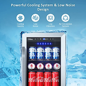 Velieta 15'' Beverage Refrigerator and Beer Fridge Under Counter Built-in or Freestanding,127 Cans Beverage Cooler with Glass Door and Lock for Bottles and Cans Beer/Soda/Water/Wine