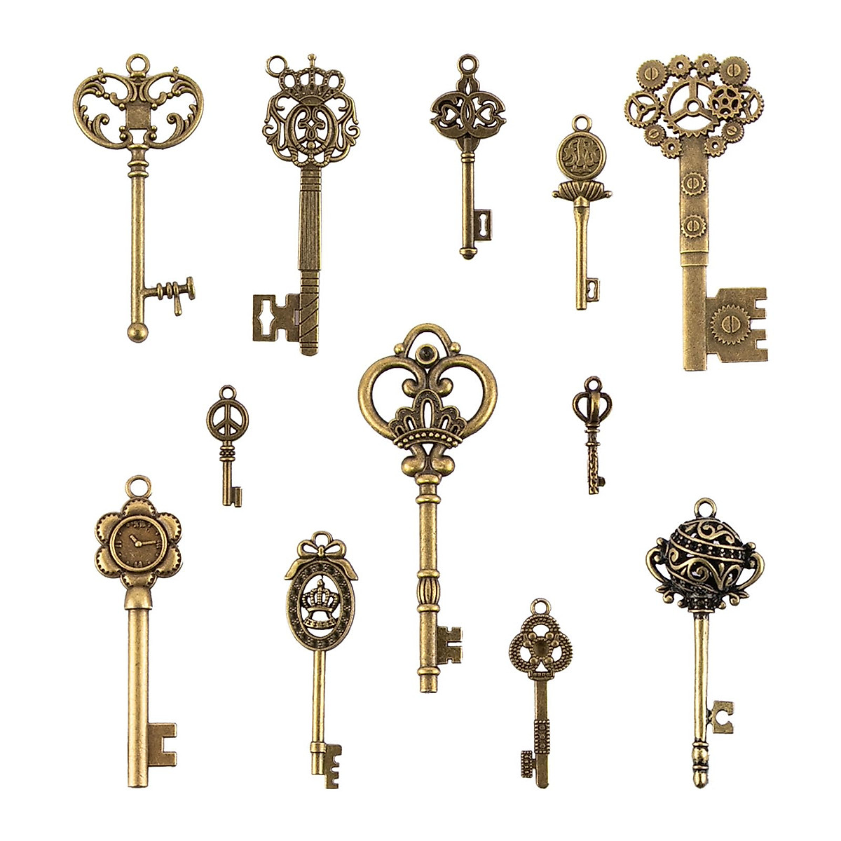 CHuangQi Vintage Skeleton Keys Set, Filigree Steampunk Keys, Antique Bronze Charms Pendants, Pack of 12 Different Style (Pack of 12)