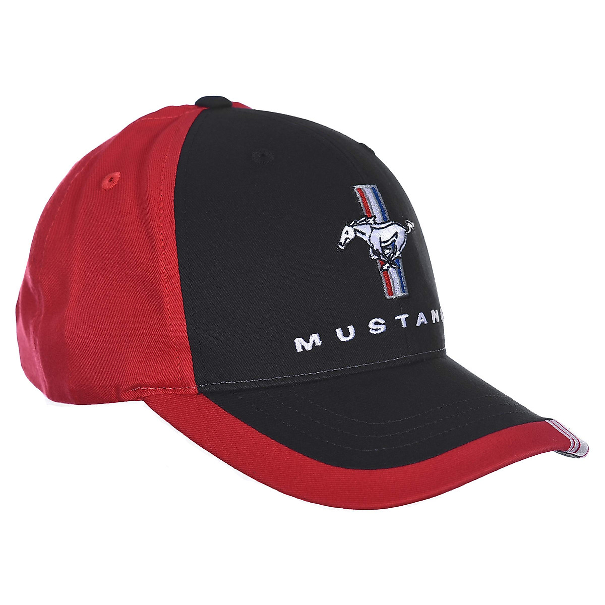 Checkered Flag Men's Ford Mustang Cap Logo Rally Stripe Black & Red Hat