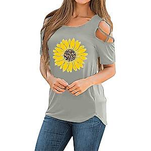 wodceeke Women tops Sunflower Print T-Shirt Off-Shoulder Short-Sleeved Blouse Summer Casual Loose Tee Tops (Gray, L)