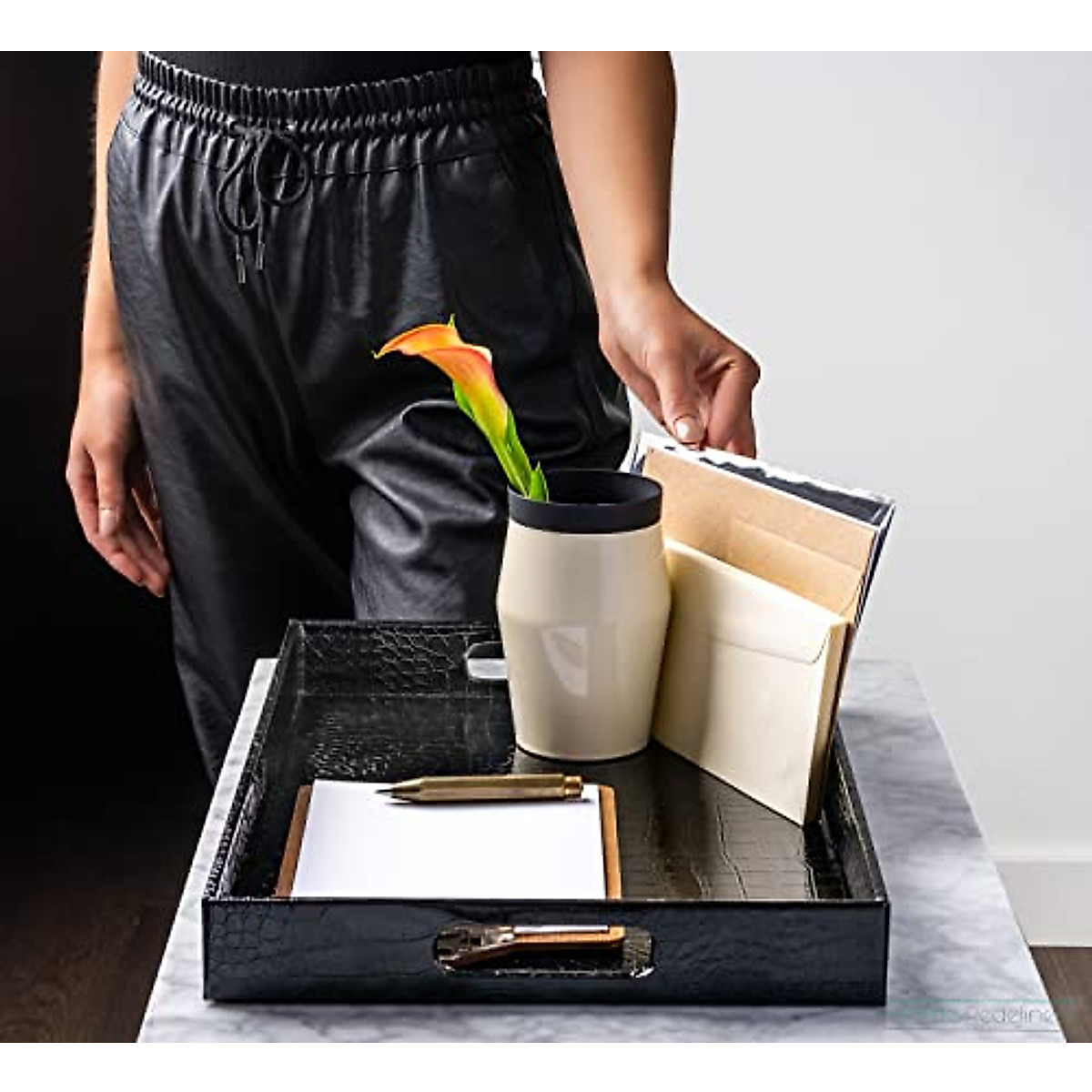 Home Redefined 18”x12” Rectangle Alligator Faux Leather Decorative Serving Tray with Handles, Black