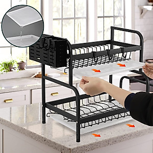 BSEKUJIN Dish Drying Rack,2Tier Dish Racks,Black Dish Drainer with Drainboards,Utensils Holder,Cutting Board Holder for Kitchen Counter
