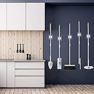 Broom Mop Holder Wall Mounted Garage Organization Tool 4Pcs Broom Gripper Holds Self Adhesive Reusable Super Anti-Slip Mop holder Organizer No Drill Install Easily Storage for Bathroom Kitchen Garden