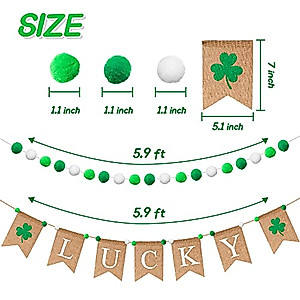 WATINC 2PCS St. Patrick's Day Burlap Banner Felt Ball Garland Set, Shamrock Bunting Pom Pom Garlands Decoration, Lucky Clover Hanging Decor for Saint Patty’s Day Party Mantle Fireplace Home Wall