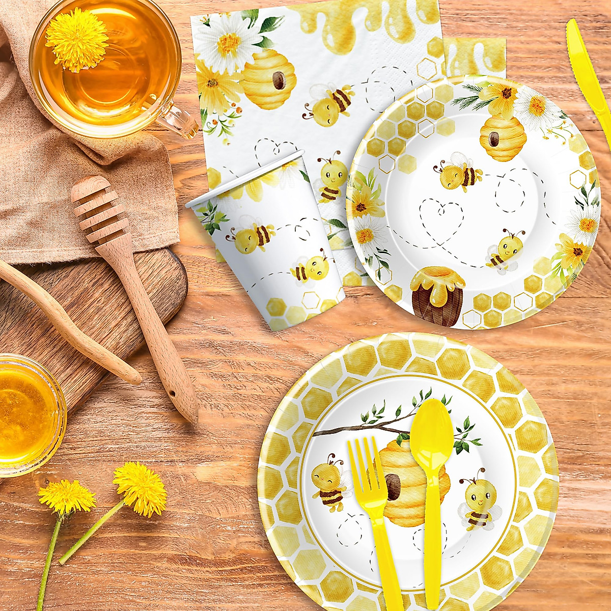 YJRJSC Bee Baby Shower Decorations Paper Plates And Napkins Party Supplies - Bee Birthday Party Decorations Tableware, Plate, Cup, Napkin, Fork, Bumble Theme Bee Day Decorations Dinnerware | Serves 24