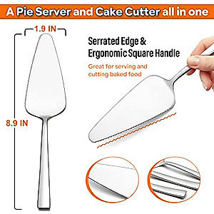 Pie Server Set of 5, E-far 8.9 Inch Stainless Steel Cake Server Cutter for Pastry Cheese Pizza, Serrated Edge with Square Handle, Mirror Polished & Dishwasher Safe