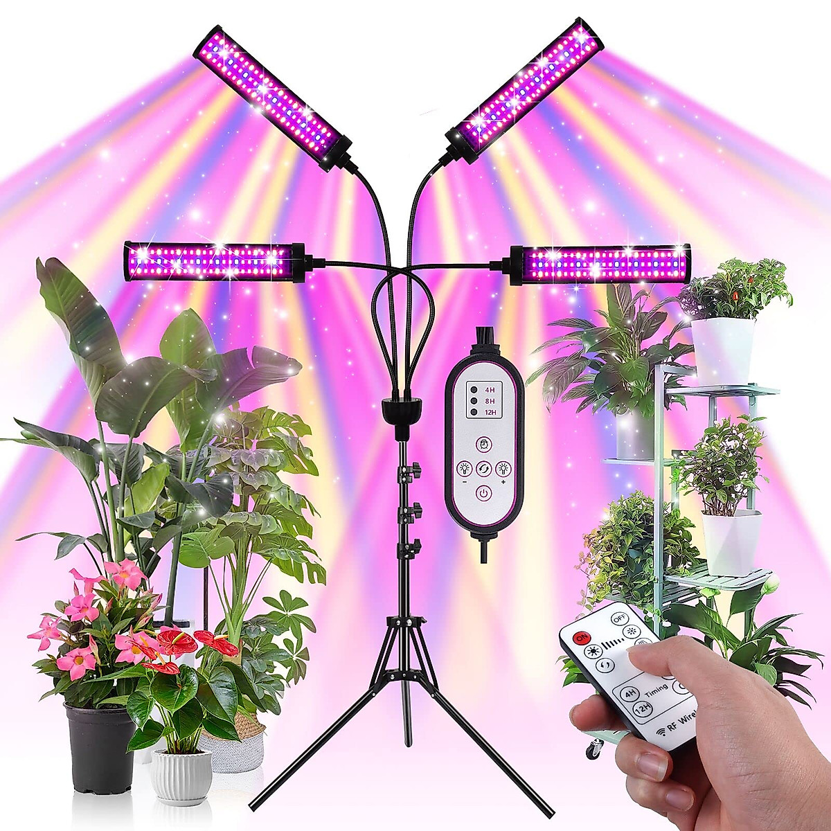 Upgraded Grow Lights for Indoor Plants, 200W 432 LEDs Full Spectrum Plant Grow Light with 60 inch Extendable Tripod Stand, Dual Controllers, Auto On/Off Timing Function Plant Light for Various Plants