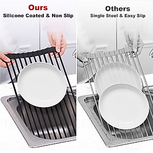 MERRYBOX Roll Up Dish Drying Rack Silicone Wrapped Over The Sink Dish Drying Rack Multipurpose Foldable Sink Drying Mat Anti-Slip & Anti-Rust Dish Rack for Kitchen, 17.5" x 13", Black