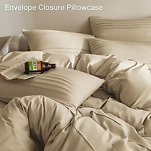 JELLYMONI Queen Size Khaki Duvet Cover Set - 3PCS Microfiber Bedding Set, Stylish Pleated Design, 8 Corner Ties & Zipper Closure, Ultra Soft and Comfortable