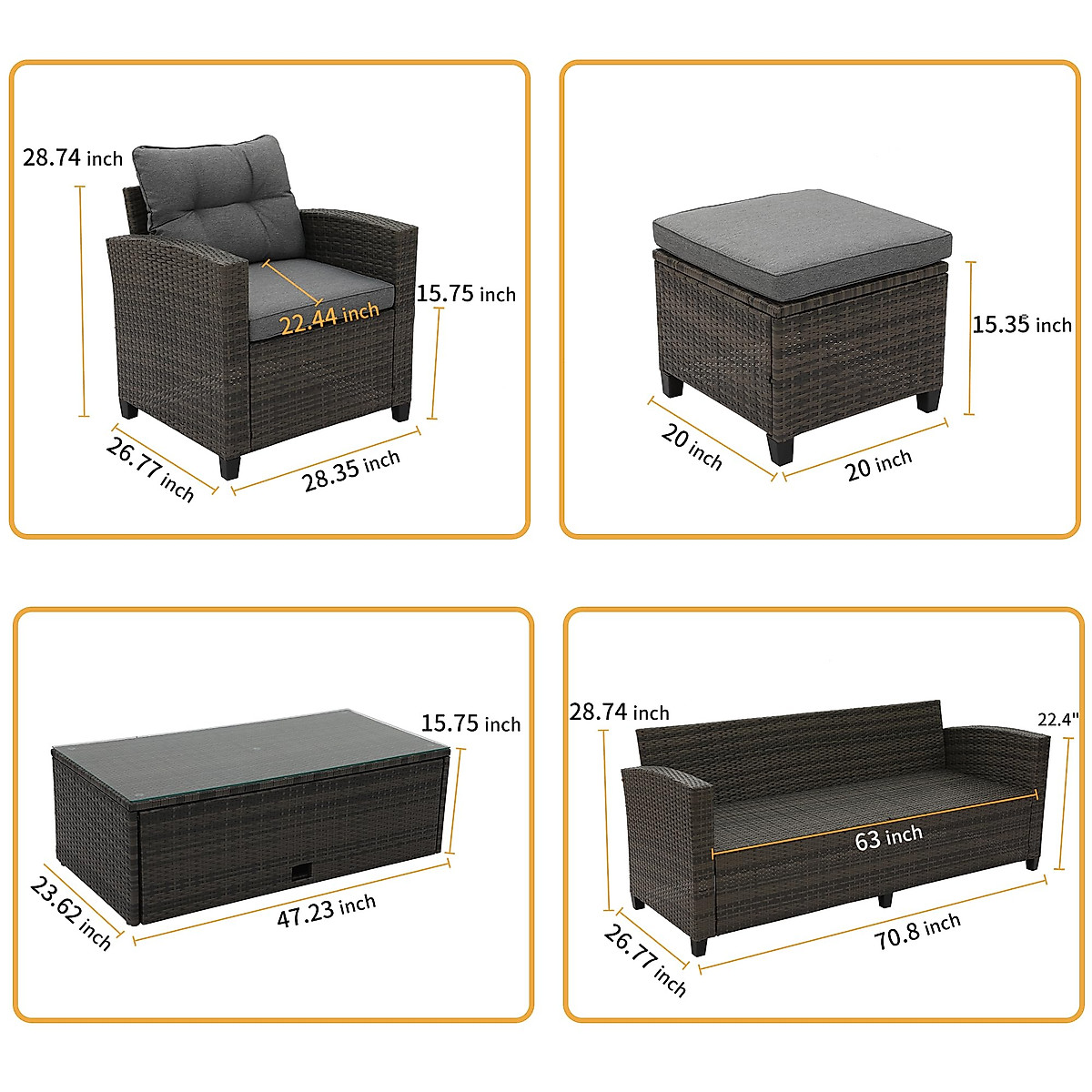 Clihome 6pcs Patio Sofa Set Outdoor PE Rattan Sectional Set with Cushions Lounge Chaise and Coffee Table Wicker Patio Furniture for Patio Backyard Garden Poolside