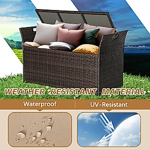 Patiomore 90 Gallon Outdoor Wicker Storage Bench with Cushion, Patio PE Rattan Deck Box with Handles (Brown)