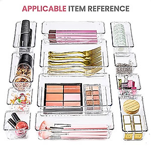 HOUSE DAY Makeup Drawer Organizer Trays 17 PCS, 4-Size Clear Drawer Organizers with Silicone Pads, Vanity Organizers and Storage, Non Slip Plastic Drawer Organizer for Desk, Bathroom, Kitchen, Office