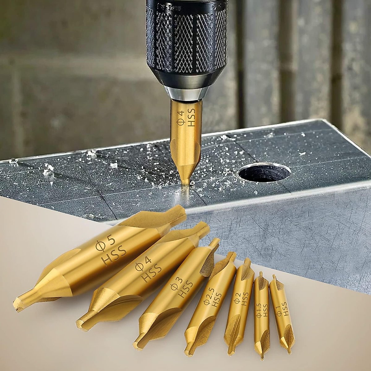 SUNJOYCO 7PCS Center Drill Bits Set, High Speed Steel 60-Degree Angle Countersink Tools for Lathe Metalworking Size 1.0 1.5 2.0 2.5 3.0 4.0 5.0, Gold