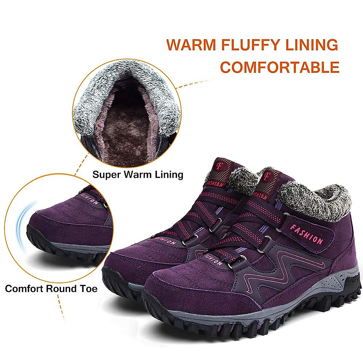 TBWM Women Winter Thermal Villi Leather Platform Fashion high top Boots Outdoor Walking Shoes Non-Slip Hiking Shoes Purple