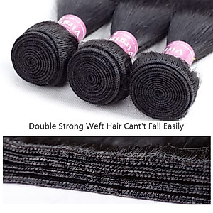 Abbily Straight Human Hair Bundles 16 18 20 Inch-10A Brazilian Virgin 3 100% Unprocessed Natural Black Color