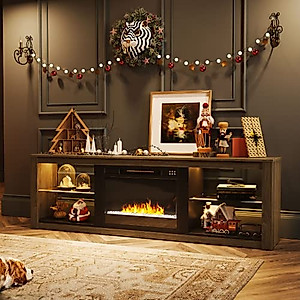 Bestier Fireplace TV Stand for 75 inch TV with 23 inch Electric Fireplace, 70 inch Entertainment Center with LED Light, Glass Shelves for Living Room, Wash Gray