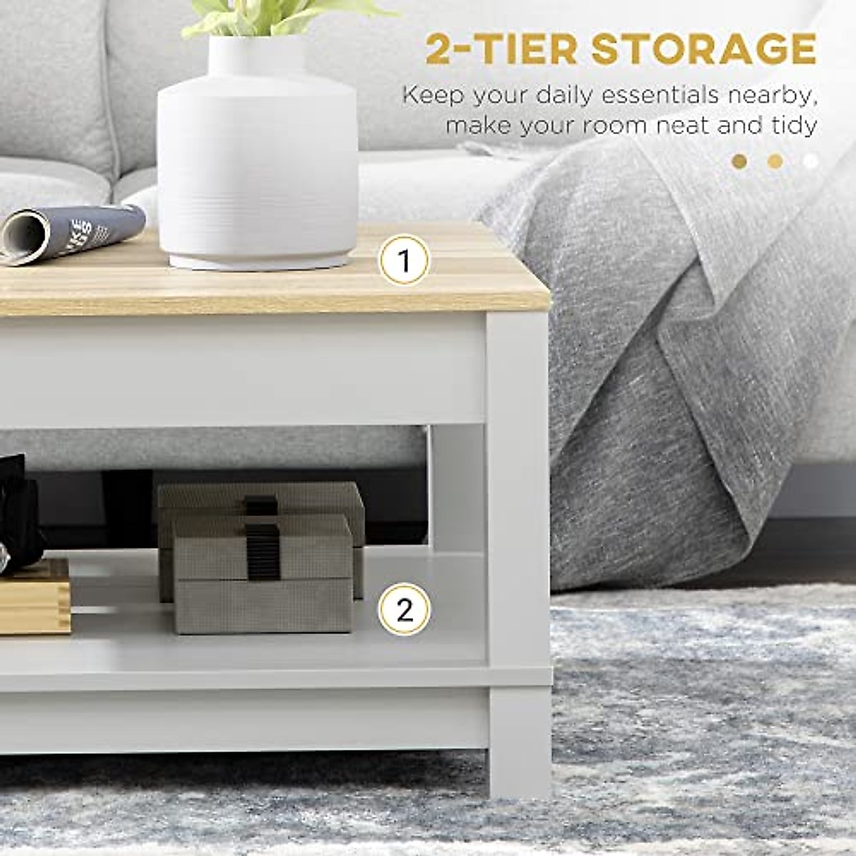 HOMCOM Coffee Table, 2 Tier Center Table with Storage Shelf and Wood Textured Top, Square Living Room Table, Light Gray