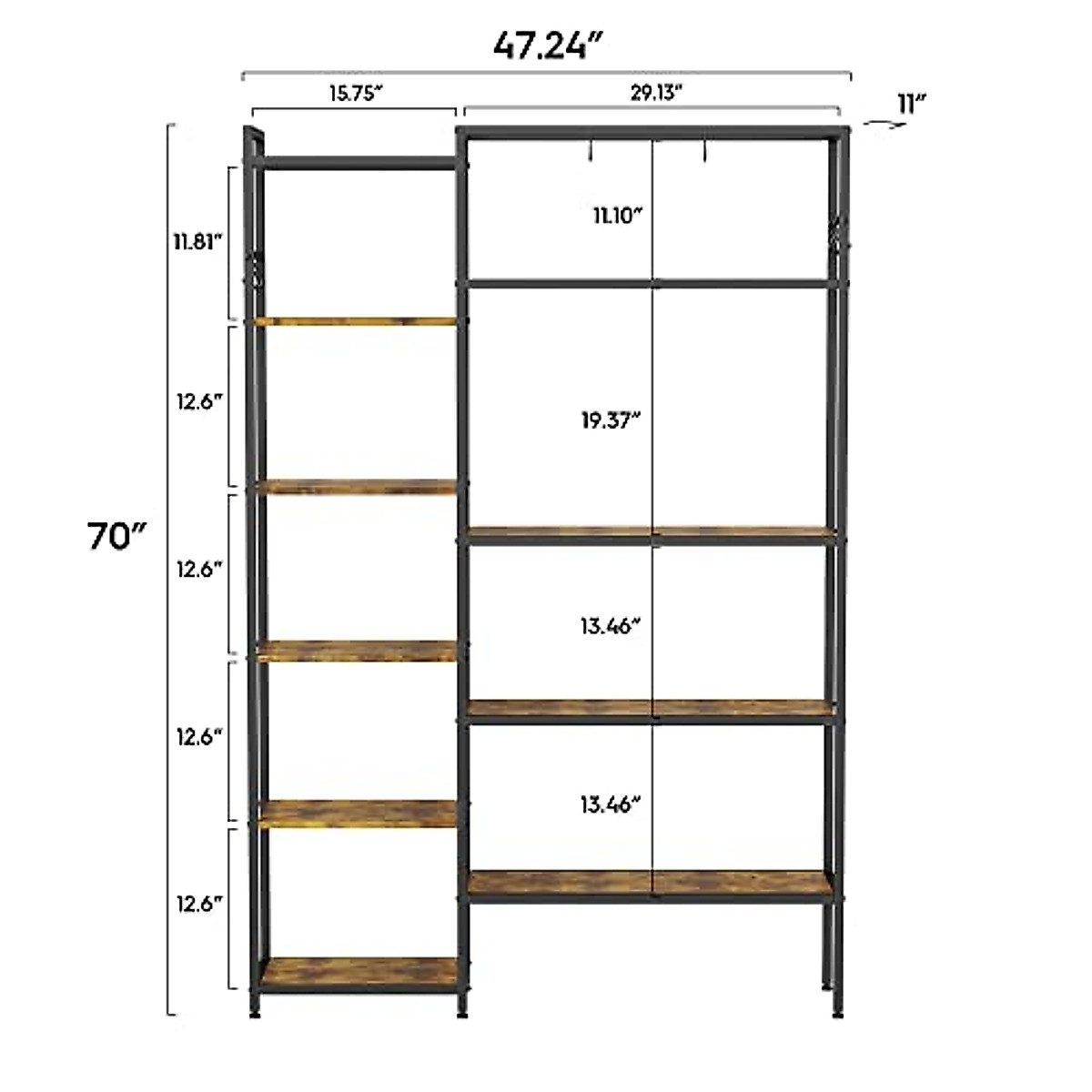 Iaocpio 6 Tier Bookshelf 70 inch Tall Bookcase, Double Wide Bookshelves with 6 S-Hooks.