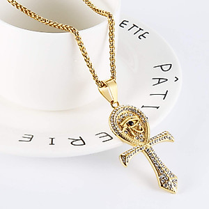 HZMAN CZ Eye of Horus Egypt Protection Pendant Coptic Ankh Cross Religious Stainless Steel Necklace (Gold)