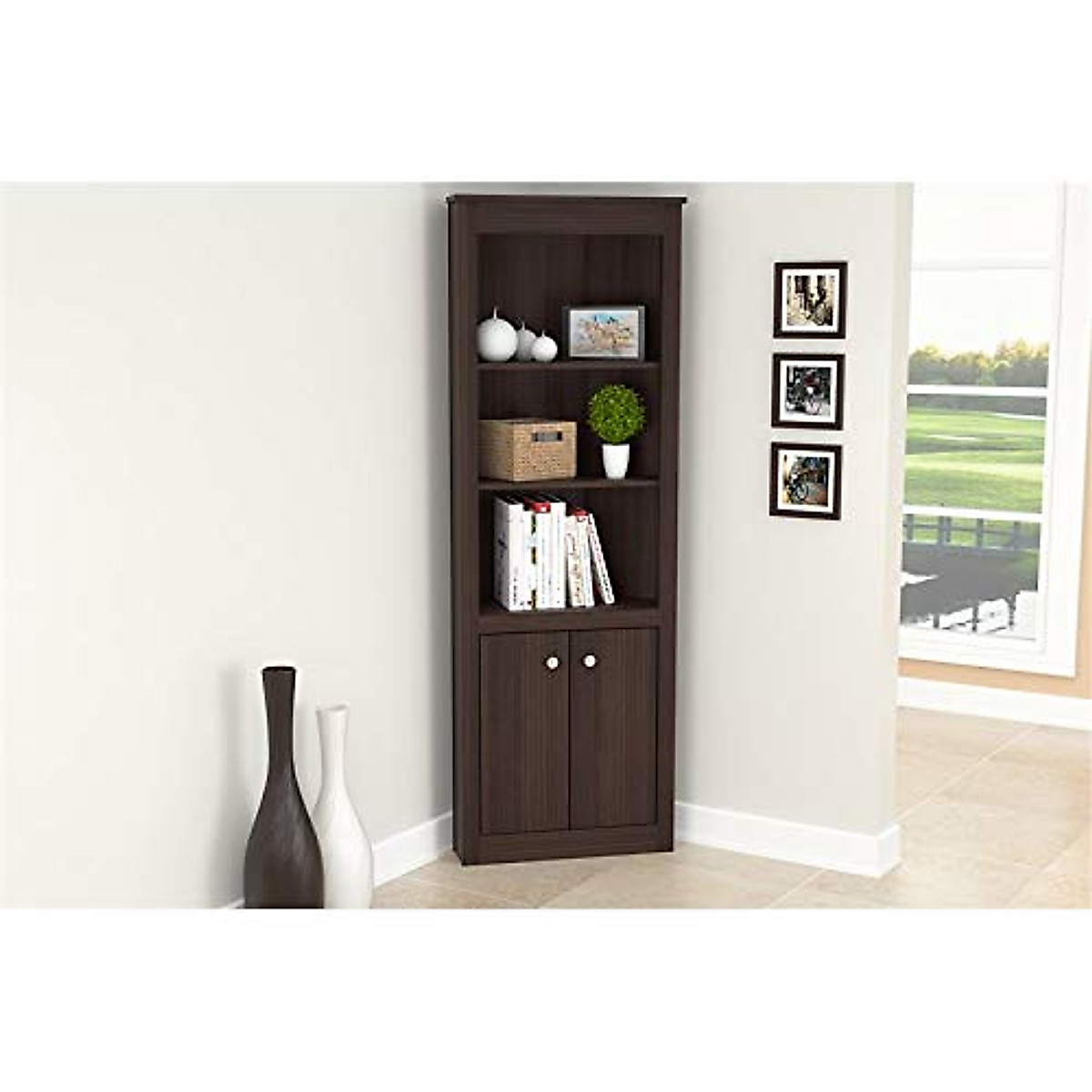 Inval Two Door Corner Bookshelf, Espresso