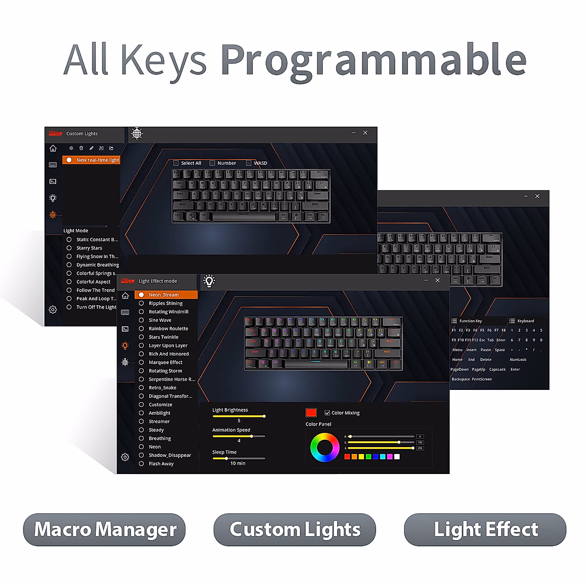 RK ROYAL KLUDGE RK61 60% Mechanical Keyboard with Coiled Cable, 2.4Ghz/Bluetooth/Wired, Wireless Bluetooth Mini Keyboard 61 Keys, RGB Hot Swappable Red Switch Gaming Keyboard with Software - Black