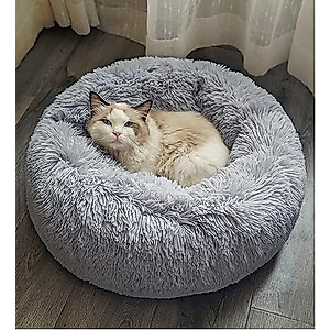 Geizire Cat Beds for Indoor Cats, Cat Bed, Dog Beds for Small Dogs, Washable Donut Calming Round Cat Bed, Soft Fluffy Warm and Cozy Anti Anxiety Cuddler, Joint-Relief Pet Bed(Grey)
