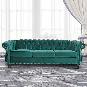 NOSGA Modern Chesterfield Fabric 3 Seater Couch Furniture, Deep Button Tufted Chesterfield Velvet Sofa with Scroll Arms, Upholstery Nailhead Trim Sofa Couches for Living Room(Green)