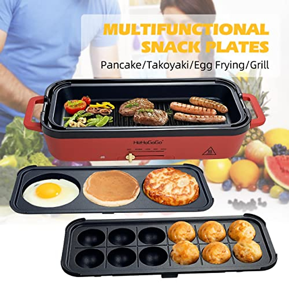 HeHoGoGo Multifunctional Electric Griddle Electric Grill Nonstick Baking Maker with 3 Interchangeable Pans Takoyaki Maker Cake Pop Maker Mini Pancake Maker Fried Steak
