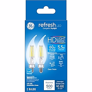 GE Refresh LED Light Bulbs, 60 Watt, Daylight, Decorative Bulbs, Clear, Small Base (2 Pack)