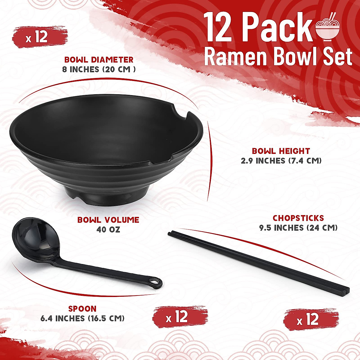 12 Set Ramen Bowl Japanese Style Ramen Bowls 42 oz Melamine Noodles Bowl Asian Chinese Large Soup Bowls with Spoons and Chopsticks for Pho Udon Soba Asian Dishes Ramen Noodles, Black