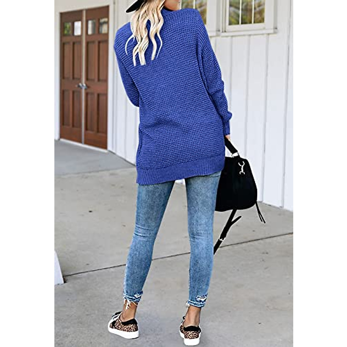 ZESICA Women's 2023 Long Sleeve Open Front Casual Lightweight Soft Knit Cardigan Sweater Outerwear,Blue,Medium